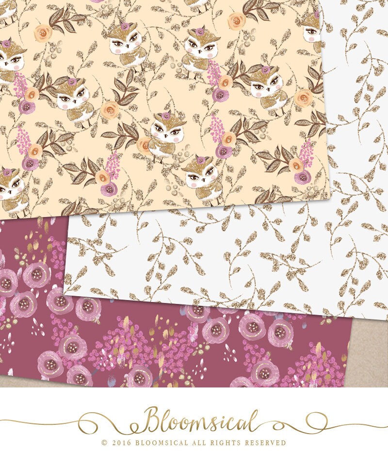 Woodland Digital Papers Fall Graphics Cute Glam Fox Owl | Etsy