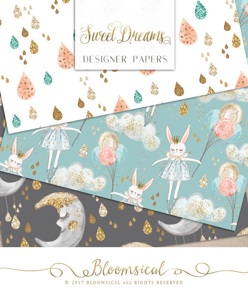 Sweet Dreams Digital Paper Pack Cat Bunny Stars Clouds Moon | Etsy