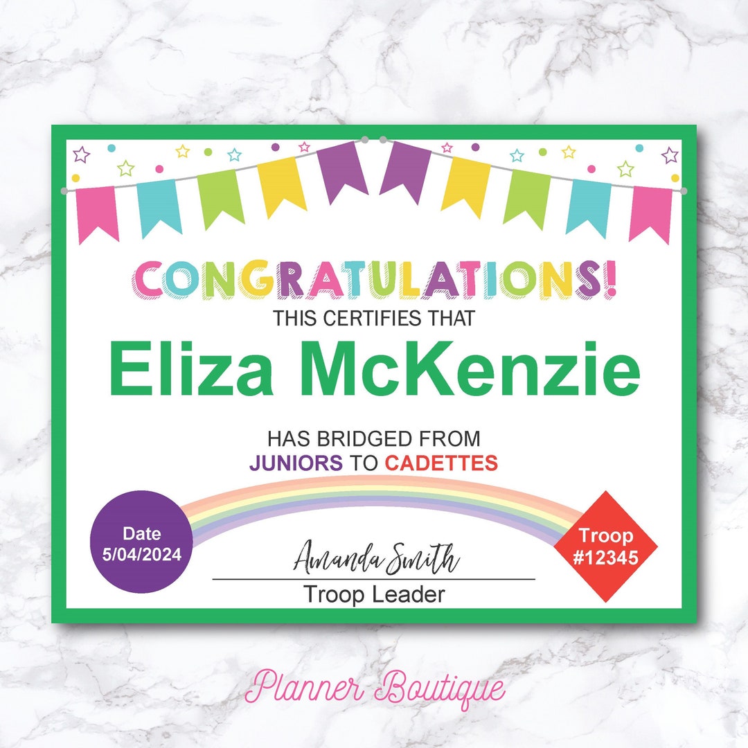 Editable Junior to Cadette Bridging Certificate for Award Bridging ...