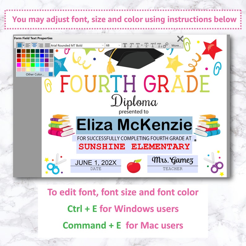 Fourth Grade Diploma: Printable School Graduation Certificate (PDF) - Etsy