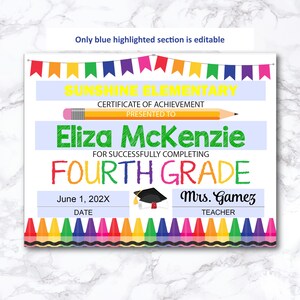 Fourth Grade Graduation Diploma: Printable Certificate (PDF) - Etsy