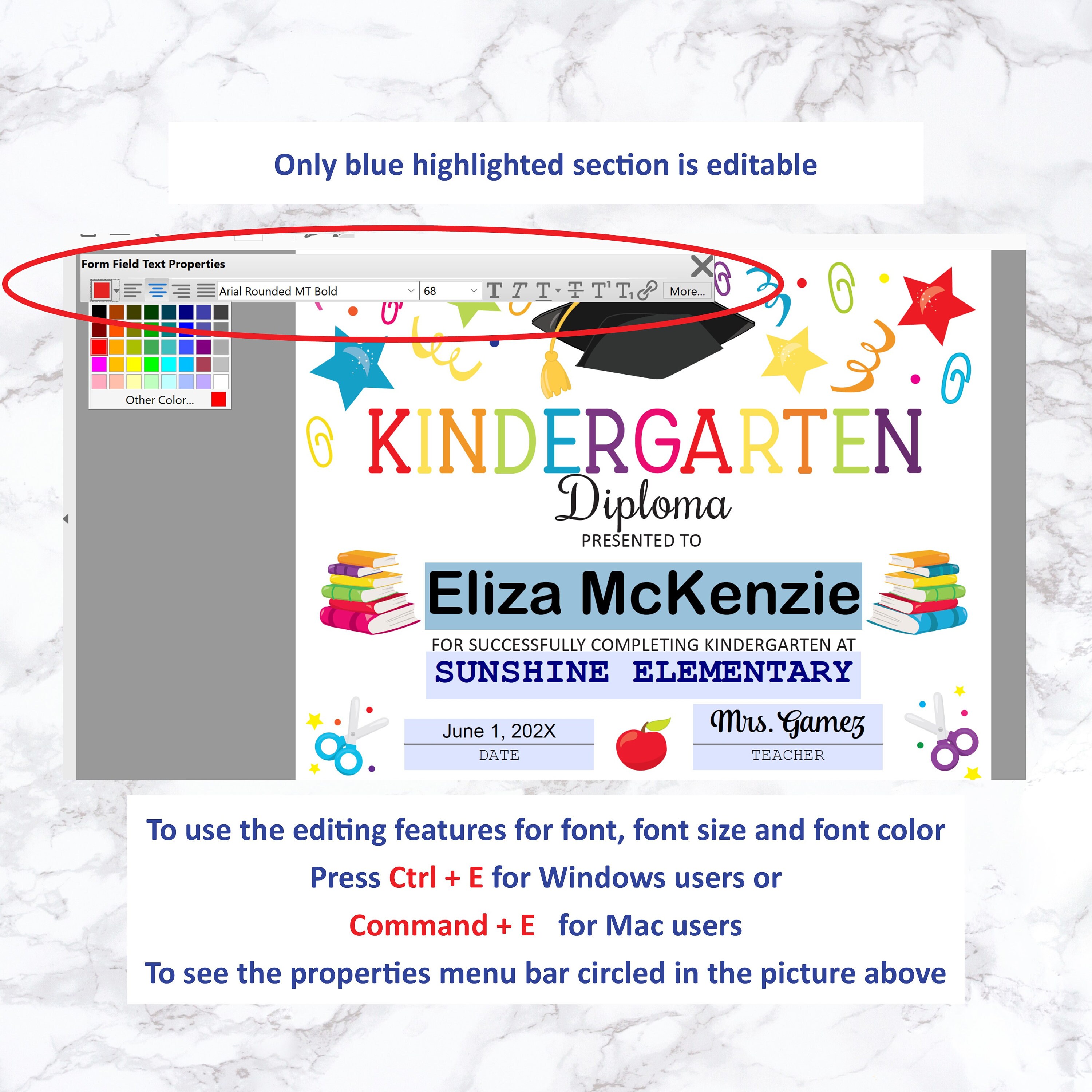 Printable Kindergarten Diploma: Fillable Graduation Certificate (PDF ...