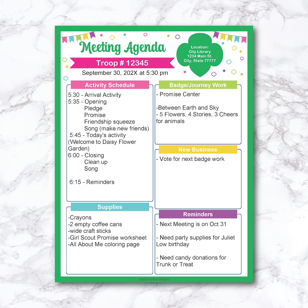 Girl Scout Meeting Agenda Editable Printable Troop Leader Activity ...