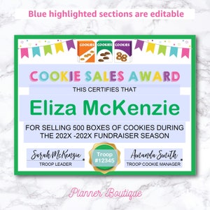 Editable Scout Cookie Sales Award Certificate, Printable Girl Top ...