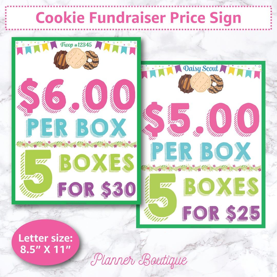 Cookie Sales Fundraiser Price Sign Editable Price List per Box Girl ...