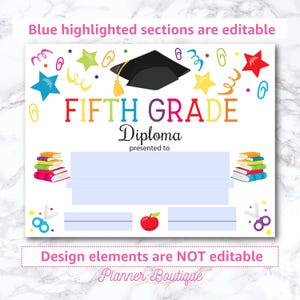 Fillable Fifth Grade 5th Diploma, Printable School Diploma Certificate ...