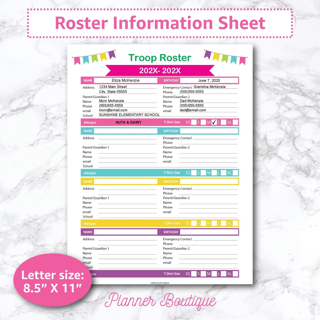 Fillable Roster Information Sheet: Editable Troop Leader Planner (PDF ...
