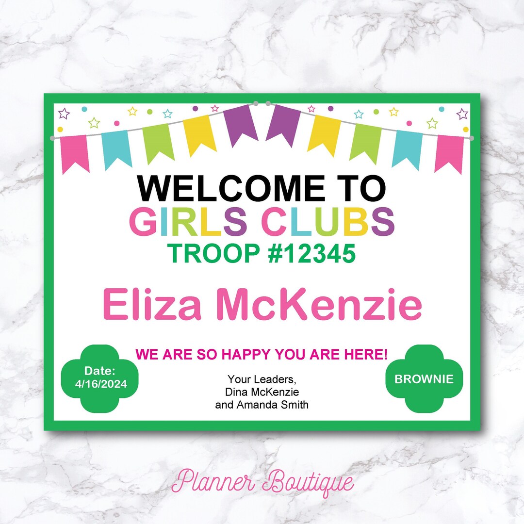 Editable Welcome Certificate for All Levels Girl Club Scout New Member ...