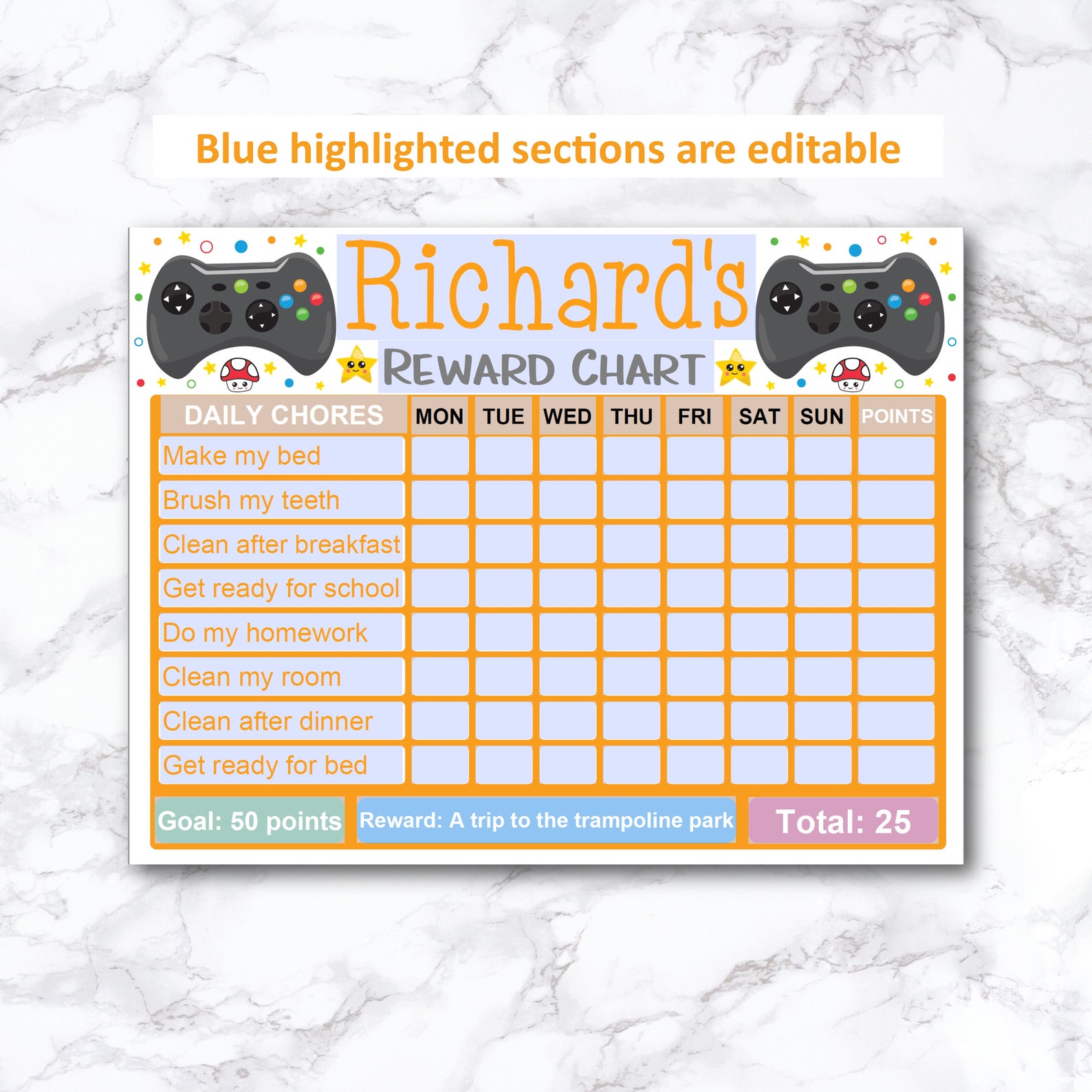 Video Game Reward Chart: Editable Chore Chart (digital Download) - Etsy