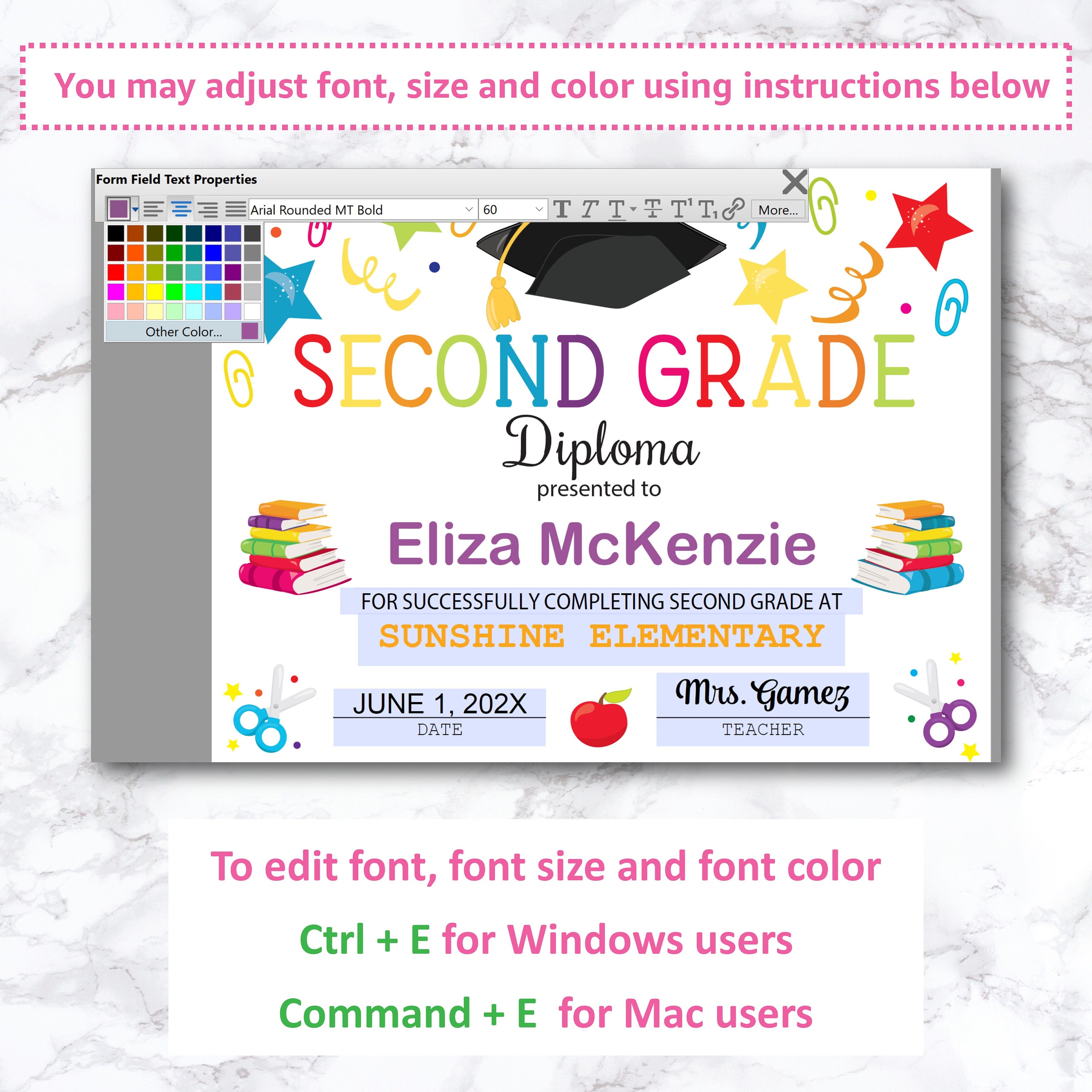 Second Grade Diploma: Printable Graduation Certificate (digital ...