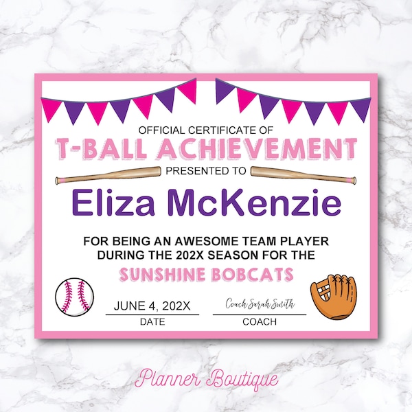 T Ball Award Certificate - Etsy