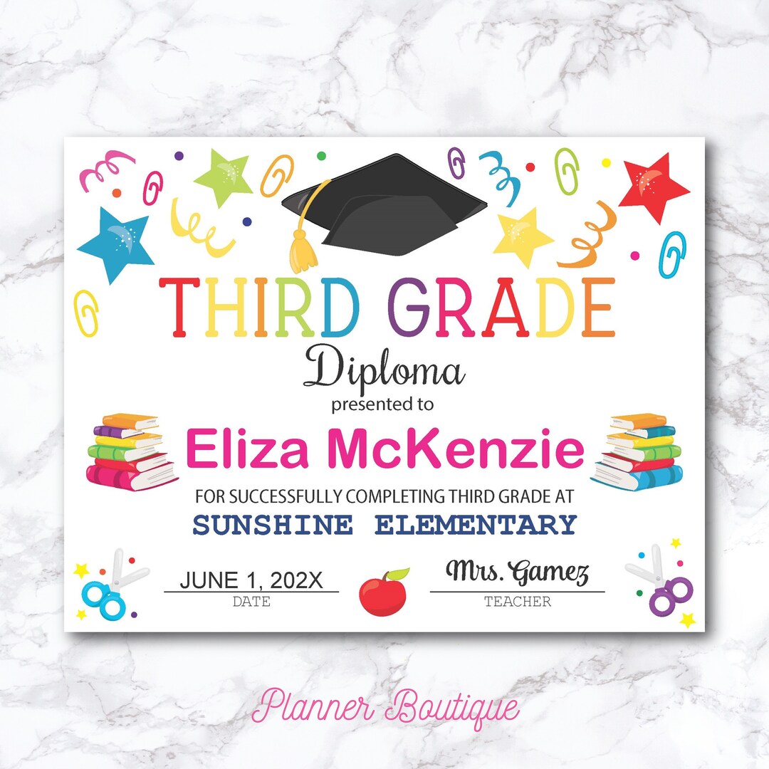 Editable Third Grade 3rd Diploma, Printable School Diploma Certificate ...