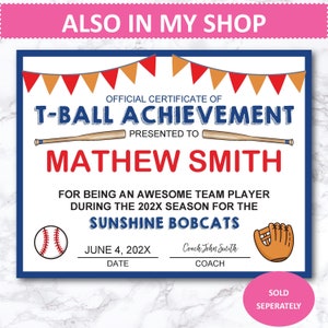 T-ball Award Certificate: Baseball Team MVP Pink Black (instant ...