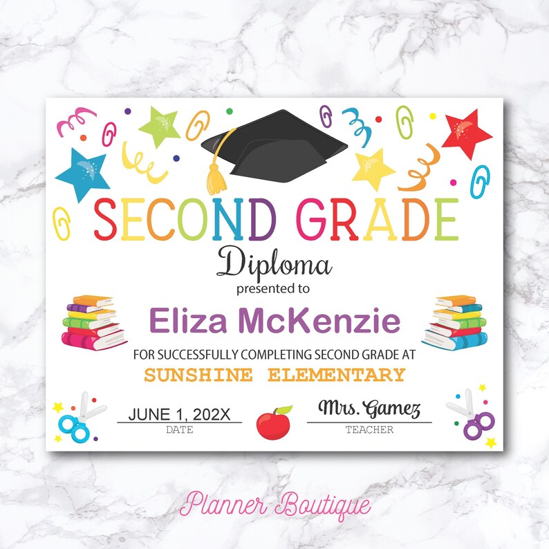 Second Grade Diploma: Printable Graduation Certificate (digital ...