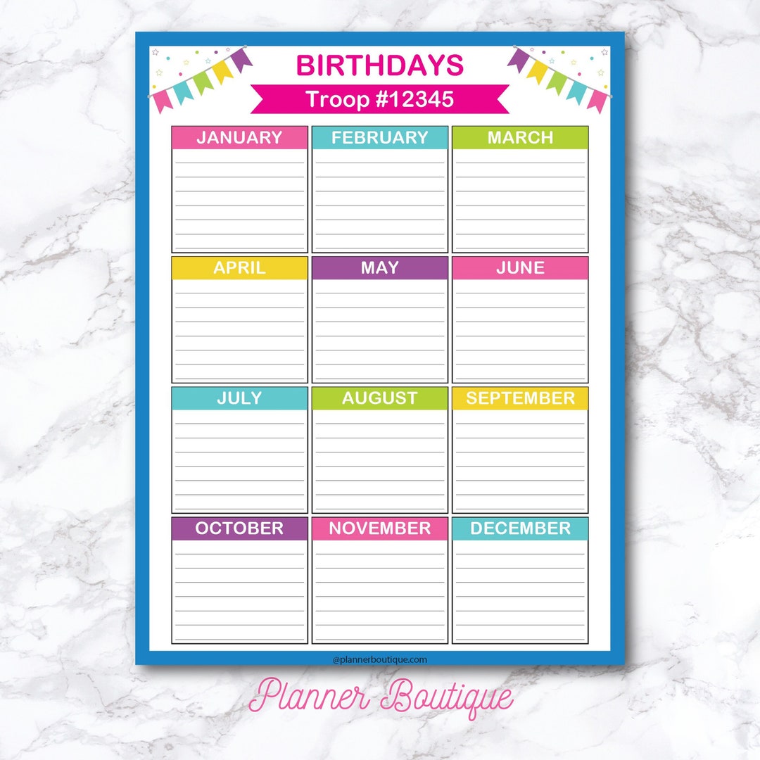 Editable Birthday Tracker, Printable Girl Leader Activity Log Instant ...