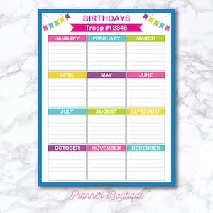 Editable Birthday Tracker, Printable Girl Leader Activity Log Instant ...