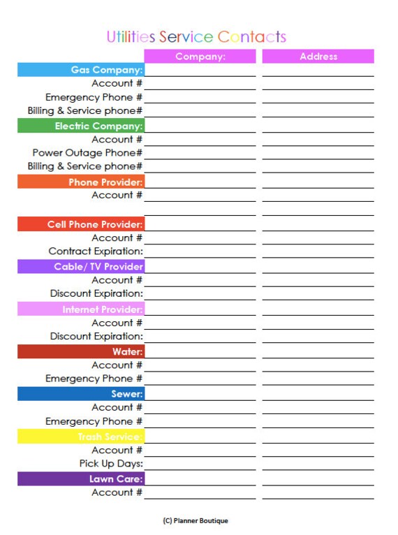 Utilities Service List Utilities List Printable Planner Etsy Utilities Service List Utilities List Printable Planner Etsy