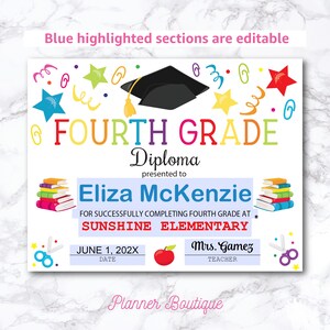 Fourth Grade Diploma: Printable School Graduation Certificate (PDF) - Etsy