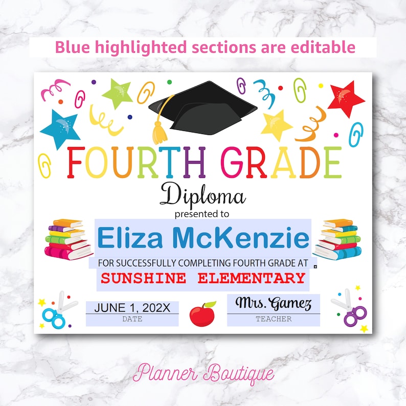 Fourth Grade Diploma: Printable School Graduation Certificate (PDF) - Etsy
