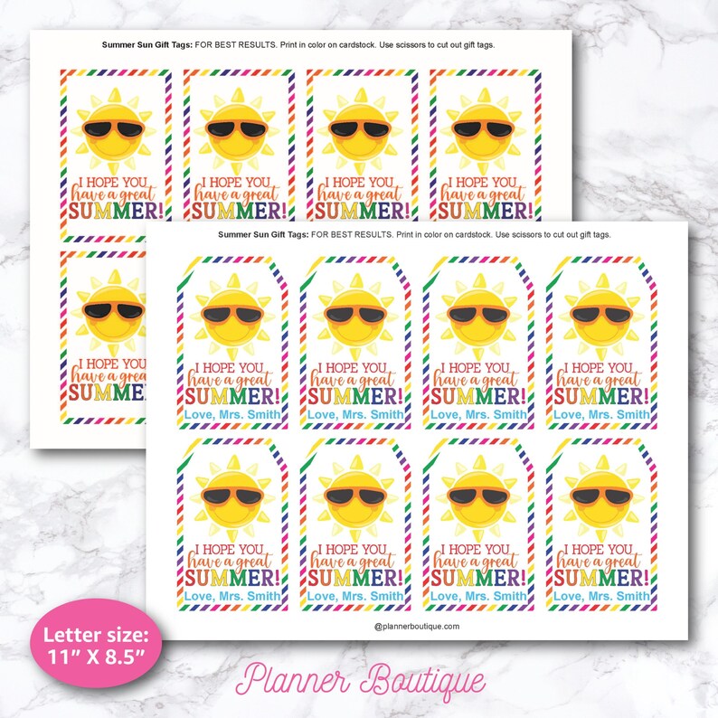 End of School Year Gift Tag: Summer Sun Thank You (editable Printable ...