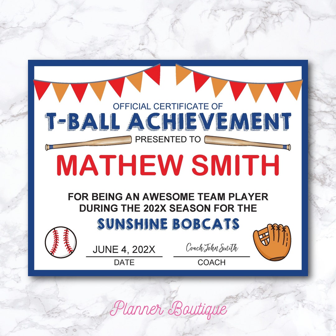 T-ball Award Certificate: Baseball Team MVP (instant Download) - Etsy