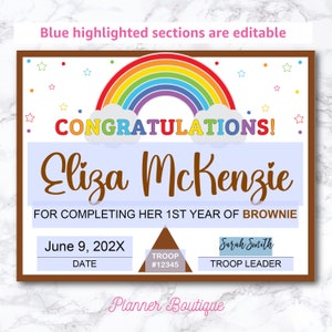 Brownie Scout 1st and 2nd Year Certificate of Completion First Second ...