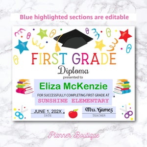 Editable First Grade Diploma, Printable School Diploma Certificate ...