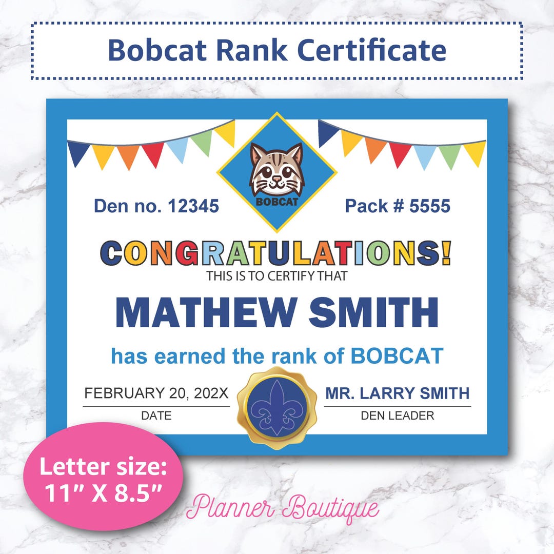 Bobcat Rank Certificate Award Ceremony Editable Pack Den Leader Master ...