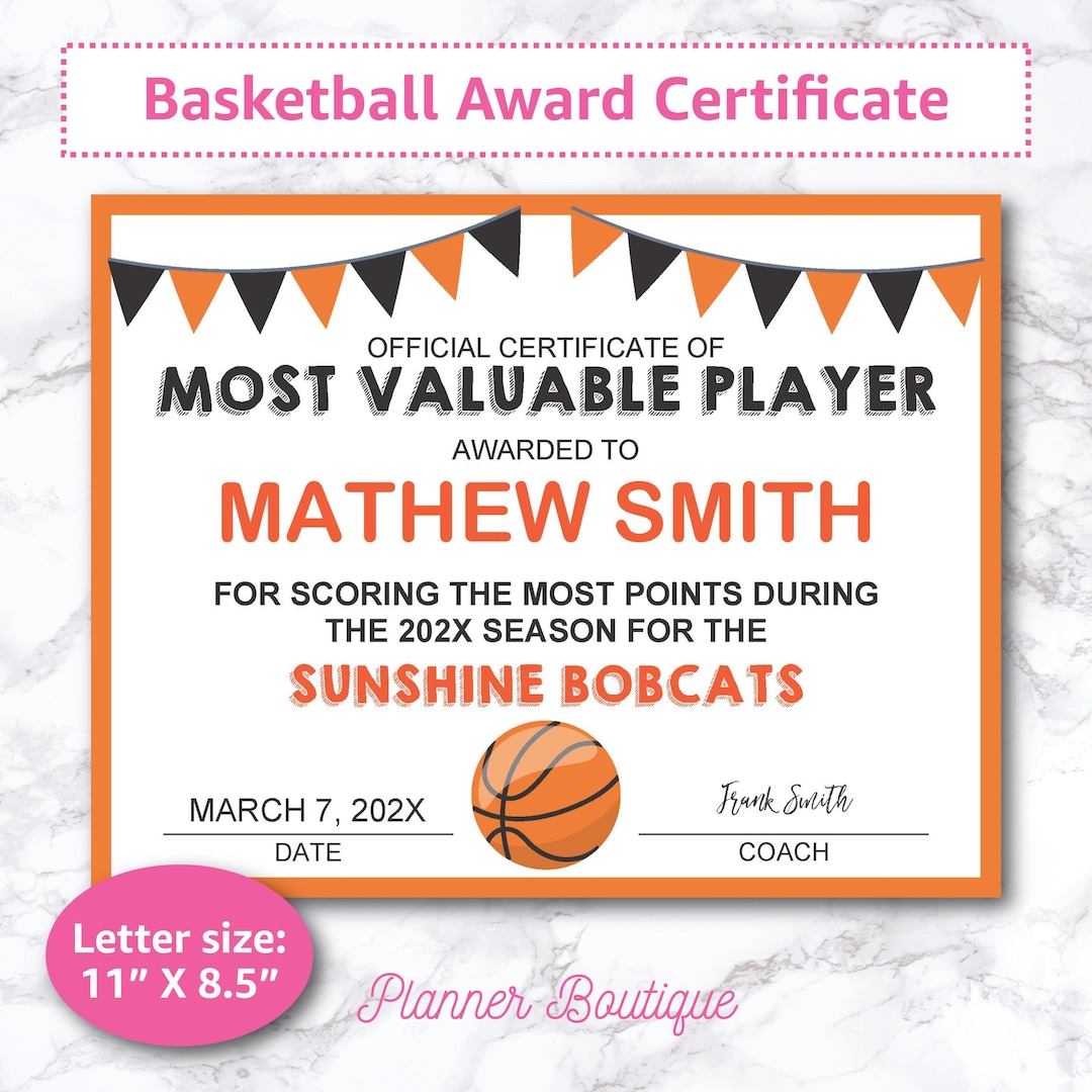 Editable Basketball Award Certificate Template Team Awards Kids Coach ...