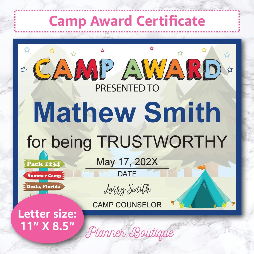 Editable Camp Award Certificate Printable for Boys Pack Summer Camping ...