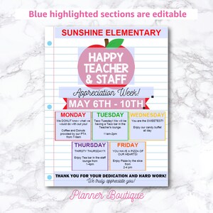 Editable Teacher & Staff Appreciation Week Flyer Itinerary Printable ...