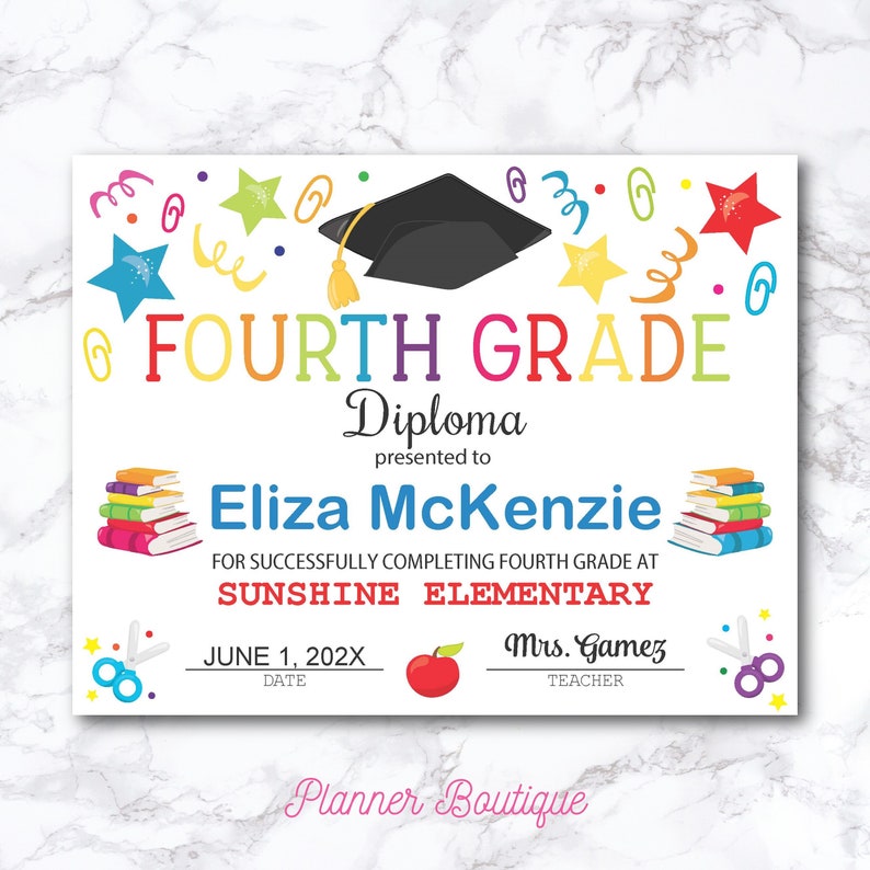 Fourth Grade Diploma: Printable School Graduation Certificate (PDF) - Etsy