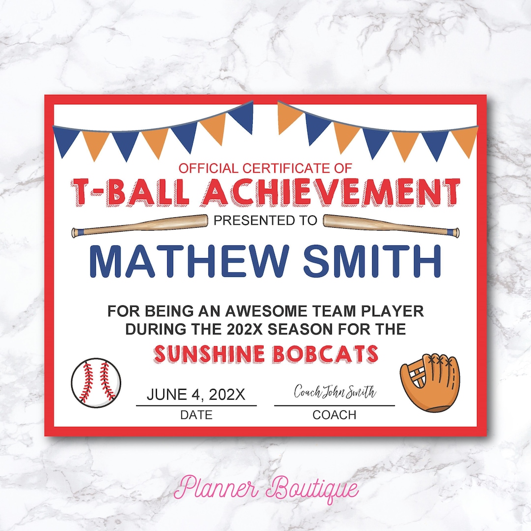 Editable T-ball Award Certificate Team Baseball Awards Little League ...