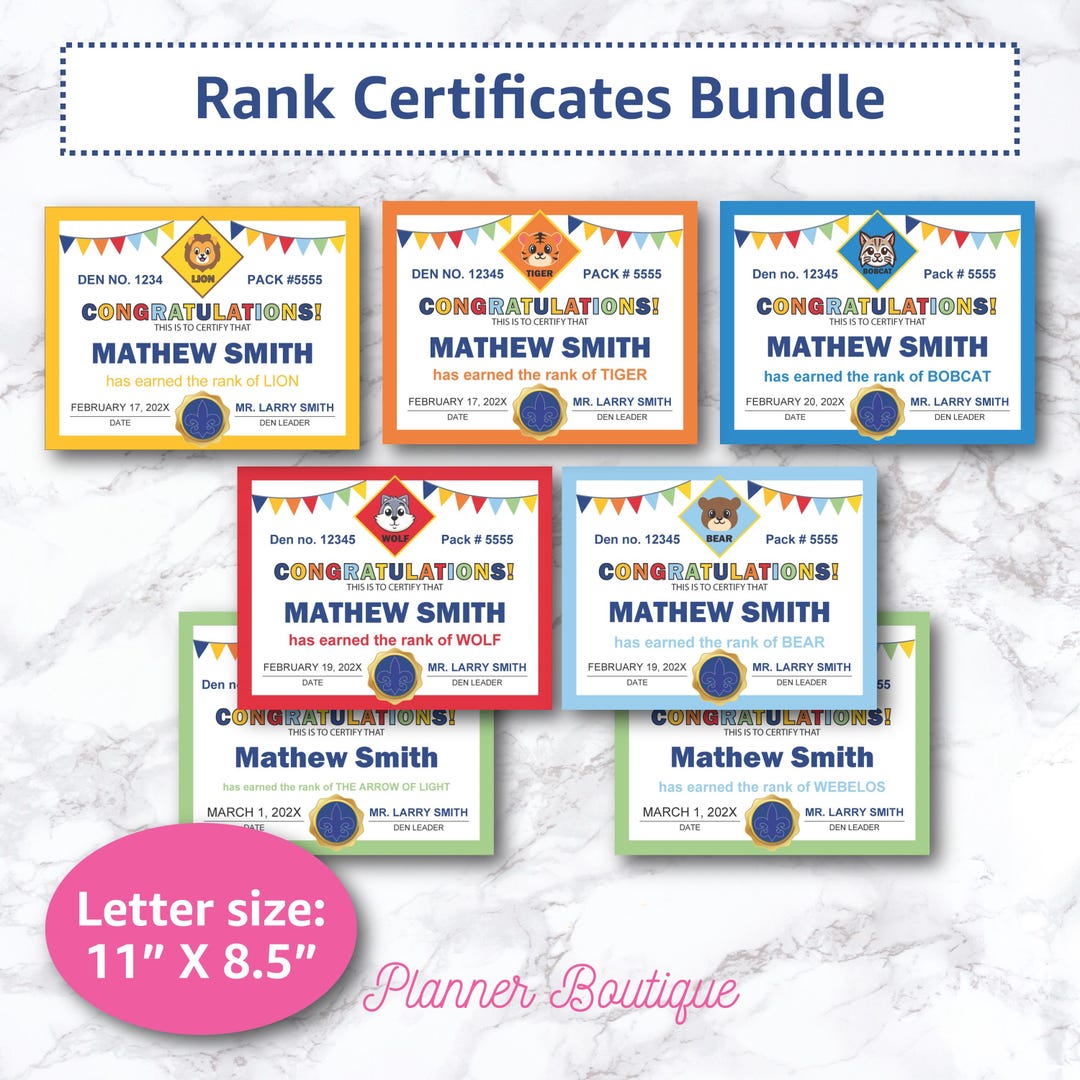 Rank Certificate Award Bundle Ceremony Editable Pack Den Leader Master ...