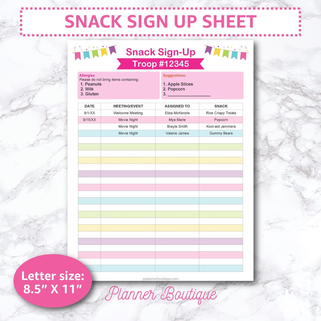 Snack Sign-up Sheet: Allergy & Suggestion Log (digital Download) - Etsy