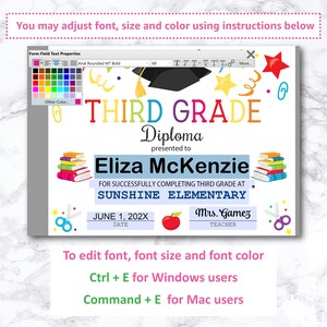 Editable Third Grade 3rd Diploma, Printable School Diploma Certificate ...
