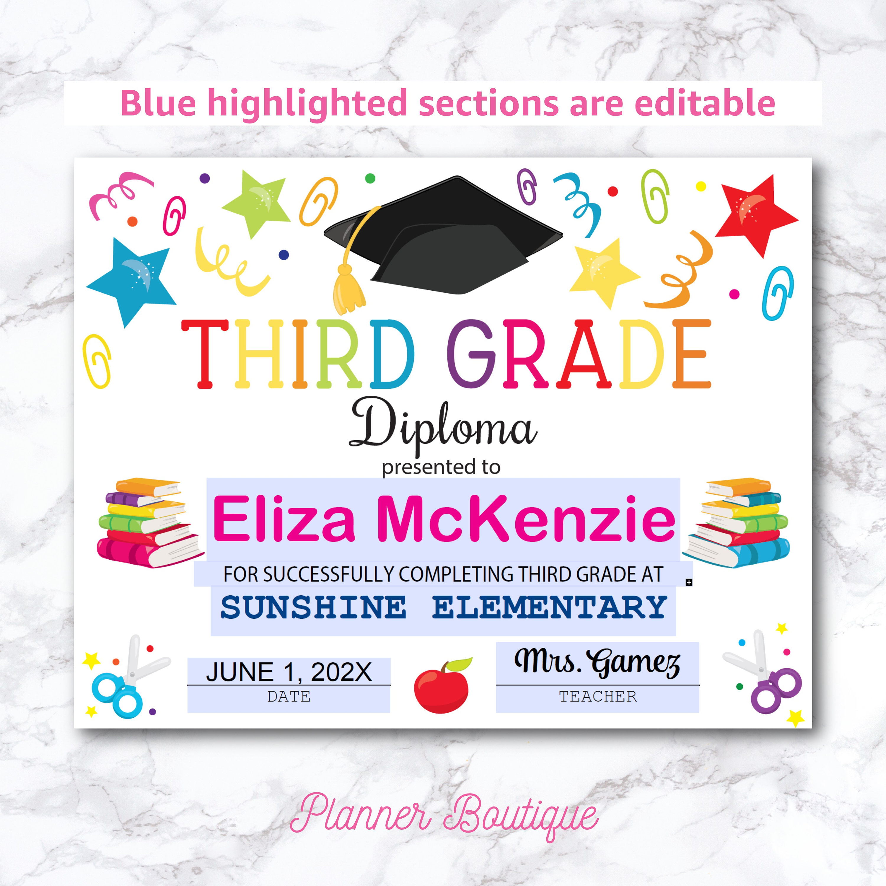Third Grade Diploma: Printable Graduation Certificate (PDF) - Etsy