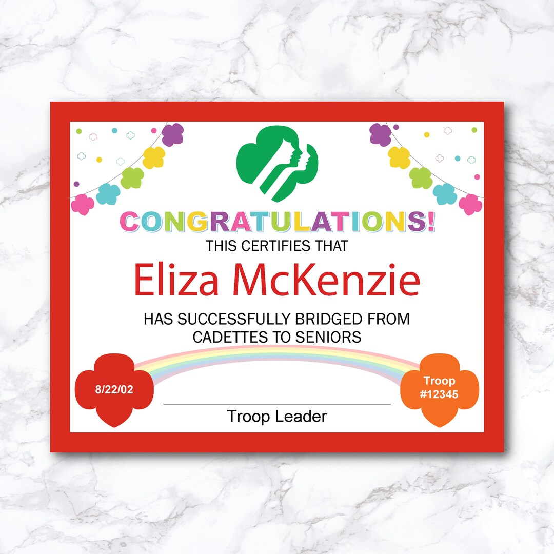 Girl Scout Bridging Certificate Cadettes Certificate - Etsy