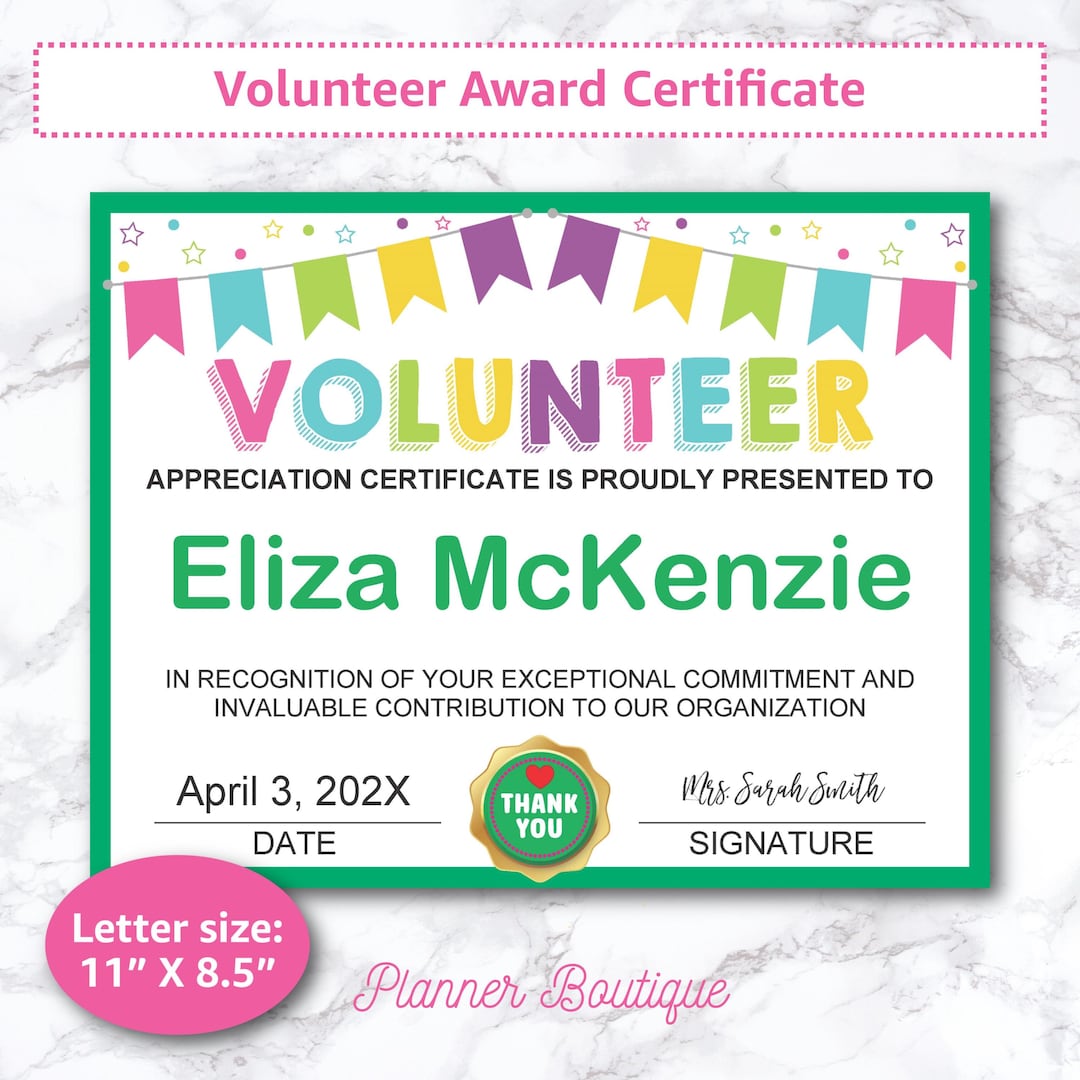 Volunteer Appreciation Certificate: Printable Award Template (PDF) - Etsy