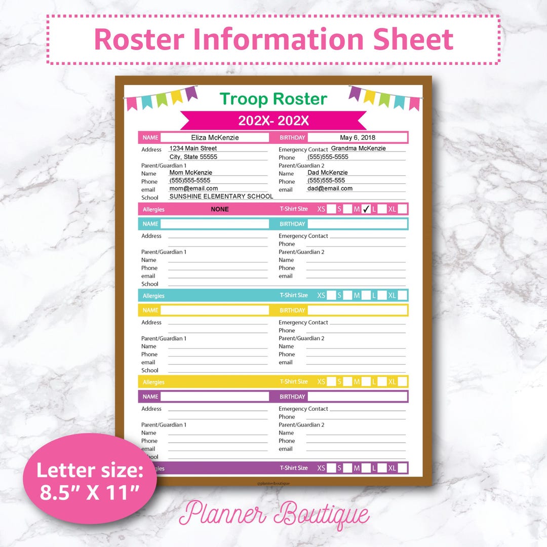 Roster Sheet: Fillable Troop Leader Planner, Teacher Classroom Insert ...