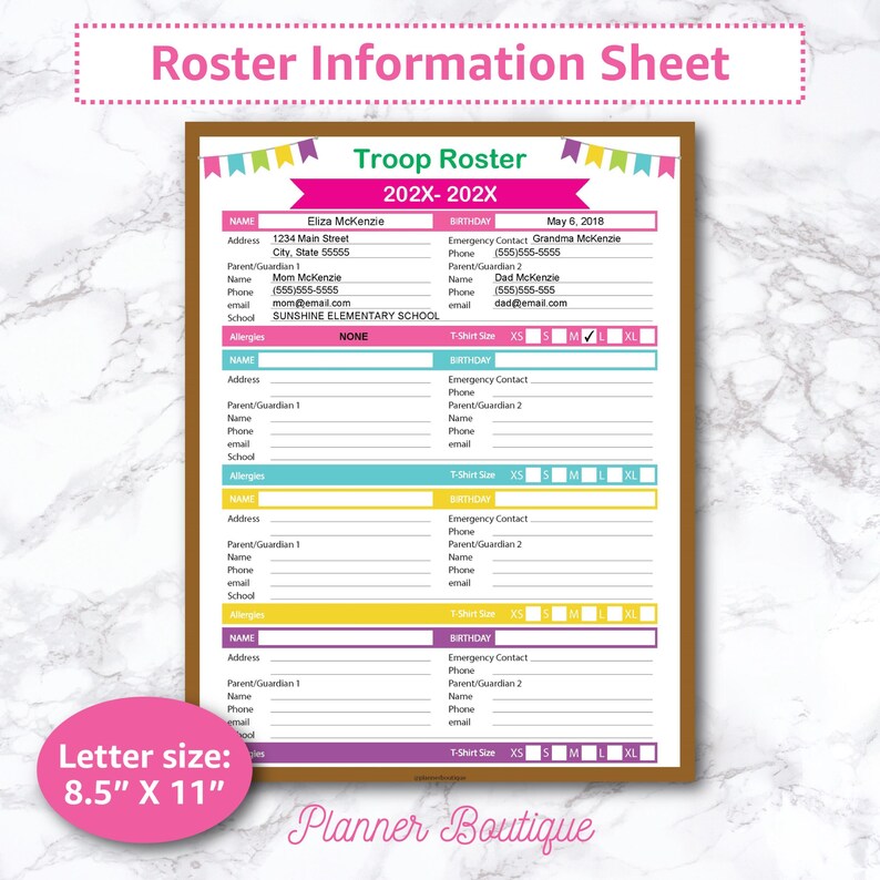 Roster Sheet: Fillable Troop Leader Planner, Teacher Classroom Insert ...
