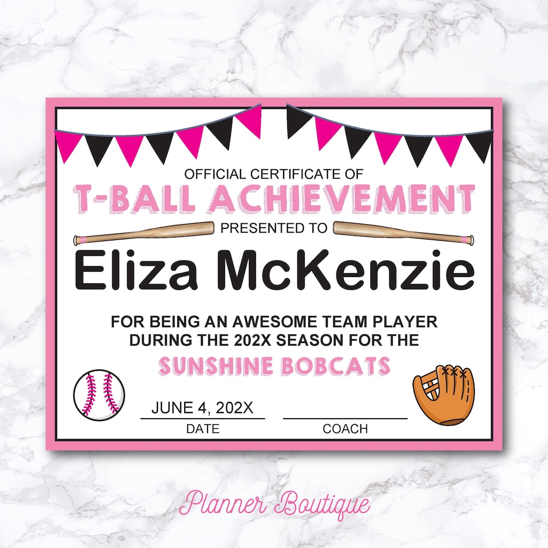 T-ball Award Certificate: Baseball Team MVP Pink Black (instant ...