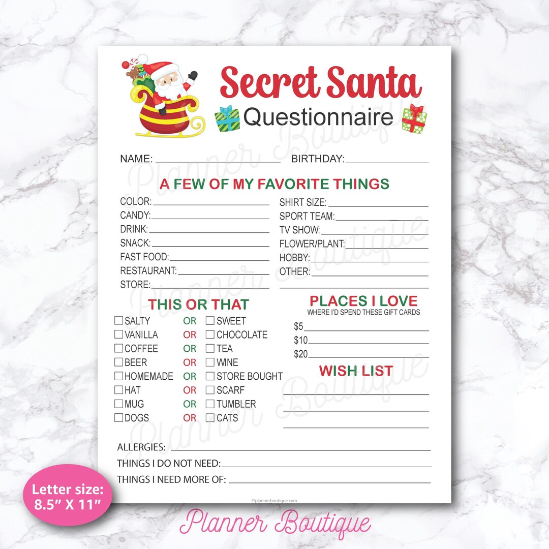 Secret Santa Questionnaire Printable: Office Gift Exchange (PDF) - Etsy
