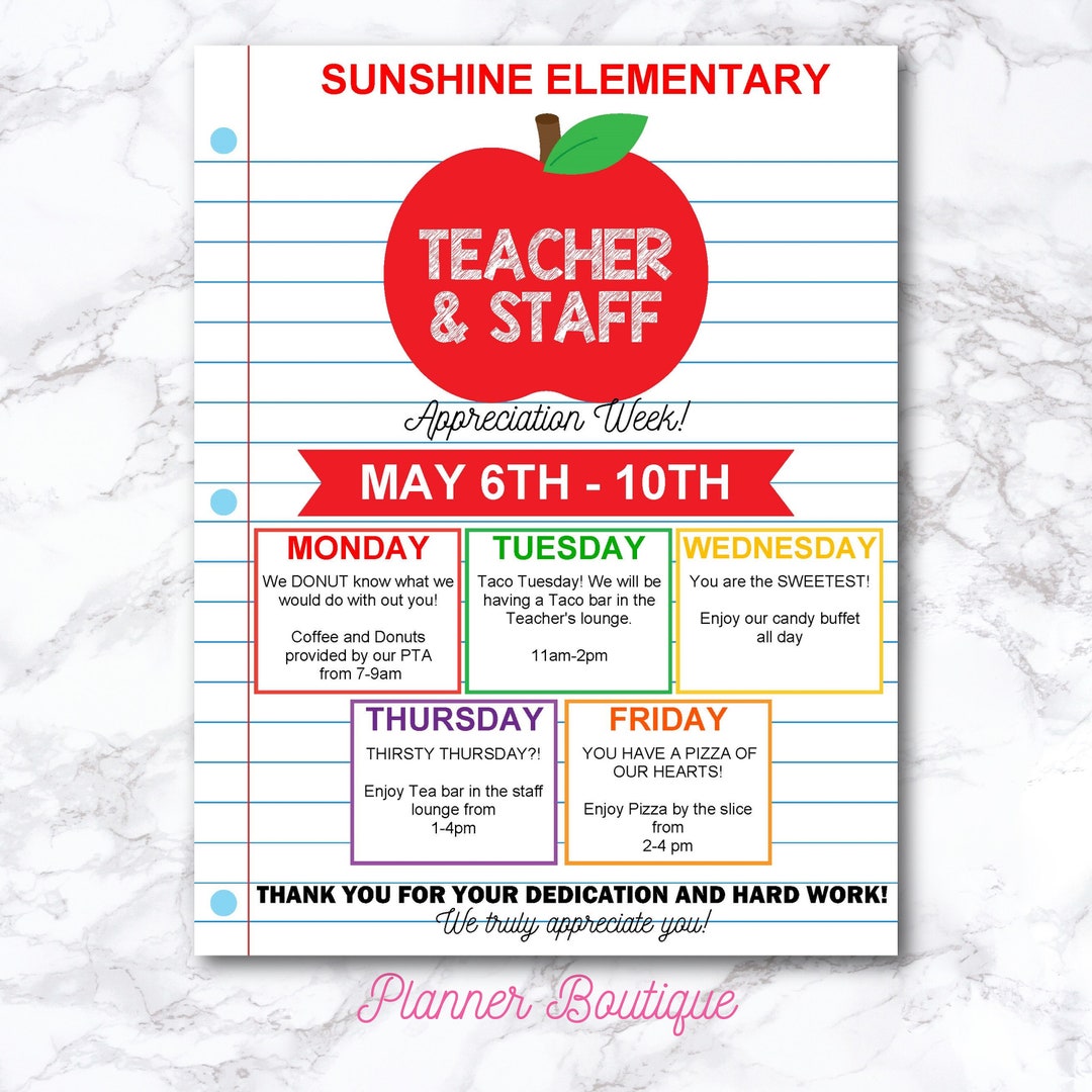 Editable Teacher & Staff Appreciation Week Flyer Itinerary Printable ...