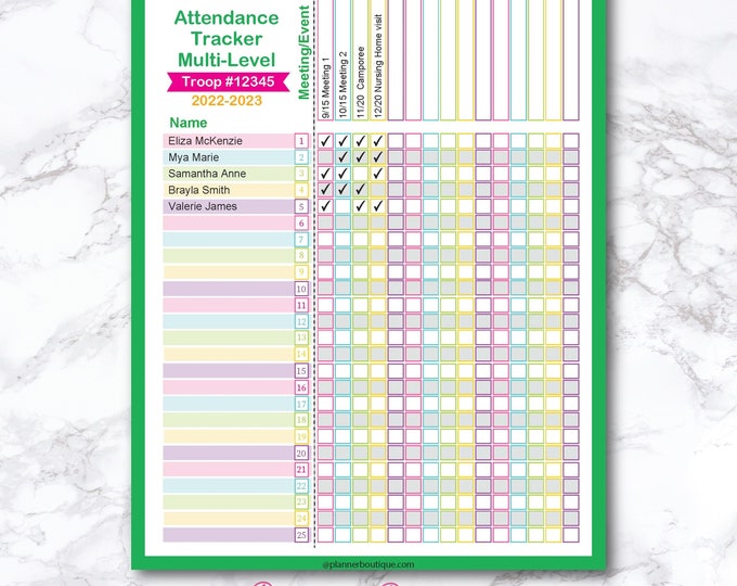 Girl Scout Attendance Sheet With Dues Column Tracker Printable - Etsy
