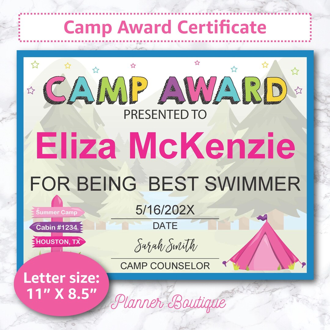 Editable Camp Award Certificate Printable for Girl Troop Summer Camping ...