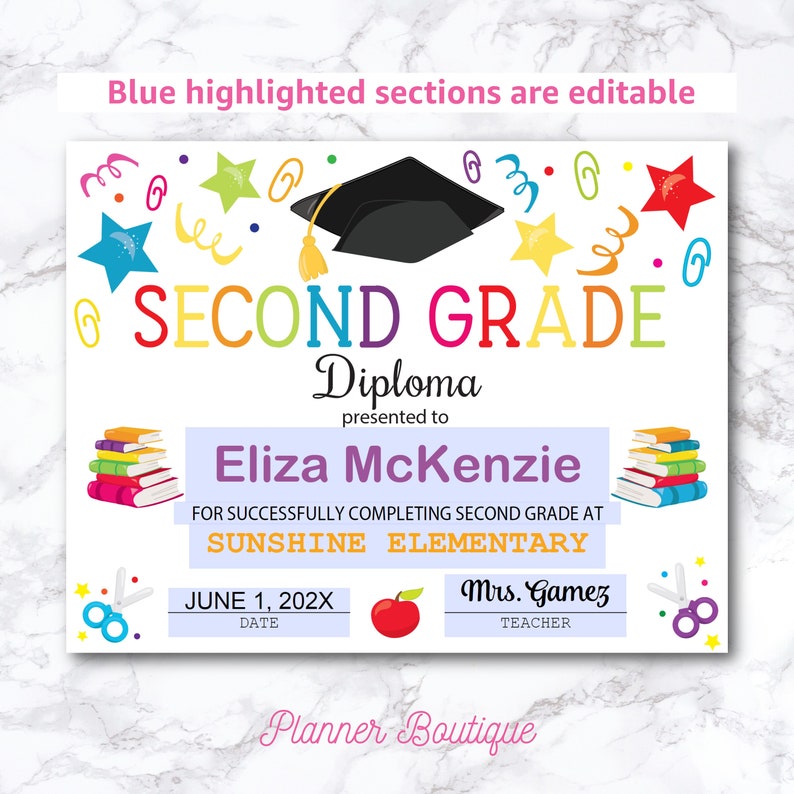 Second Grade Diploma: Printable Graduation Certificate (digital ...