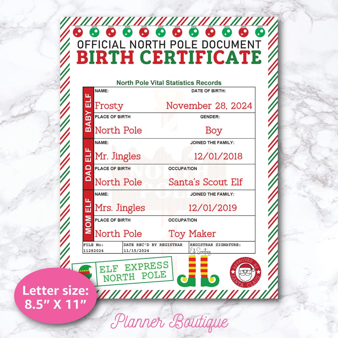 Baby Elf Birth Certificate: North Pole Document (PDF) - Etsy