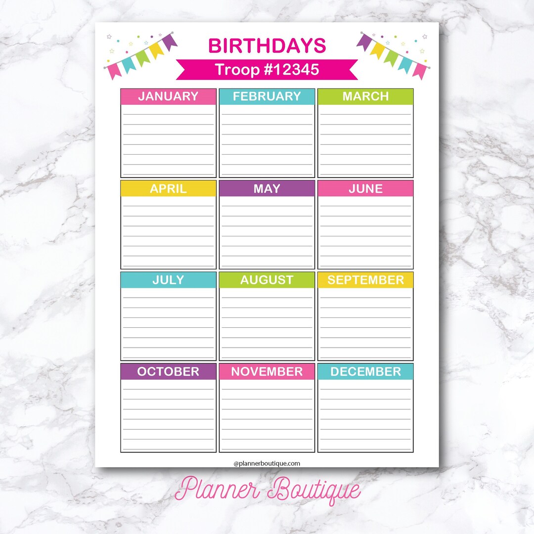 Editable Birthday Tracker, Printable Girl Leader Activity Log Instant ...