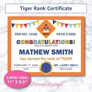Tiger Rank Certificate Award Ceremony Editable Pack Den Leader Master ...